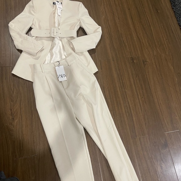 Zara | Pants & Jumpsuits | Zara Cream Belted Pants Suit | Poshmark